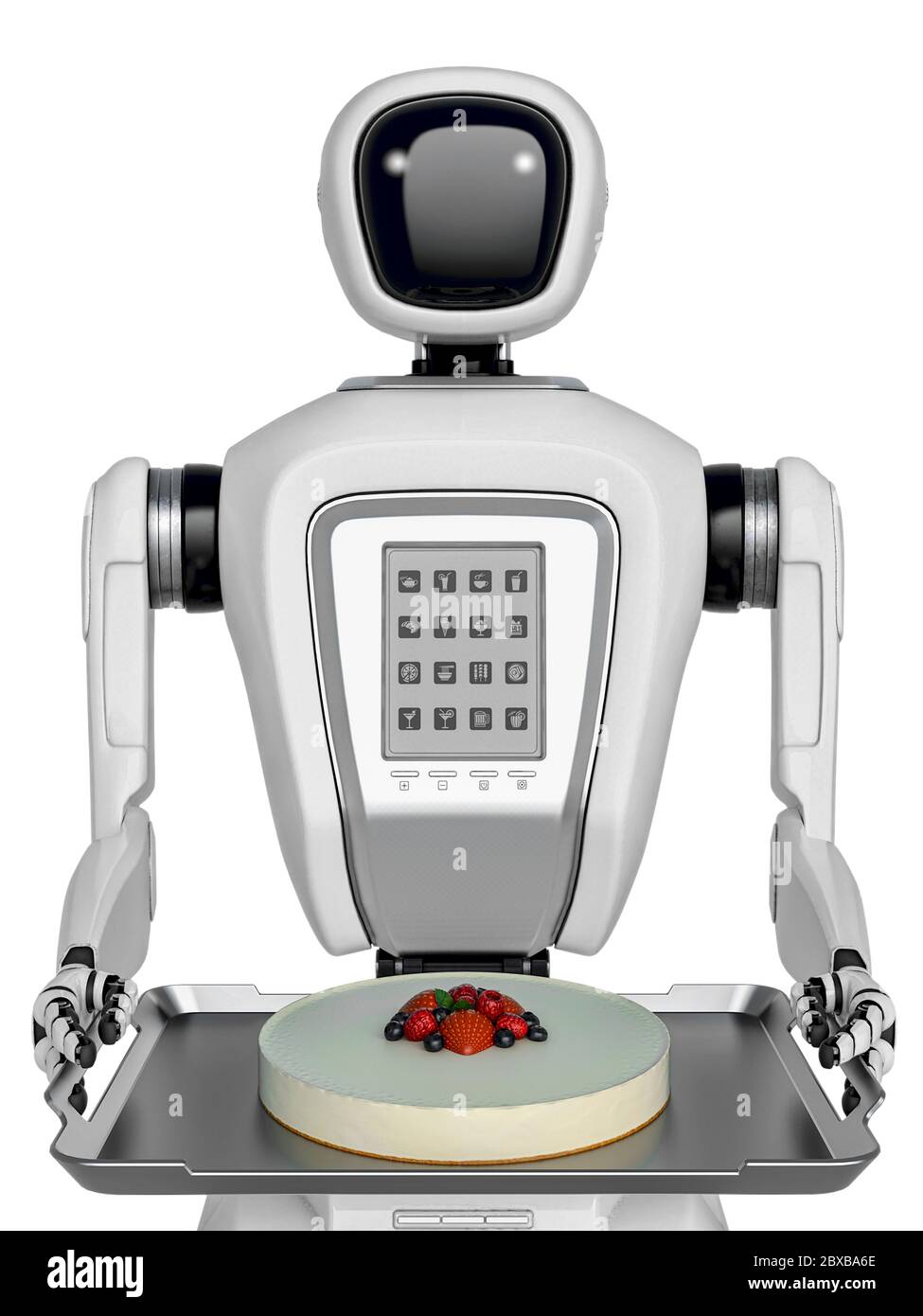 waiter robot holding a cheesecake, 3d illustration Stock Photo - Alamy