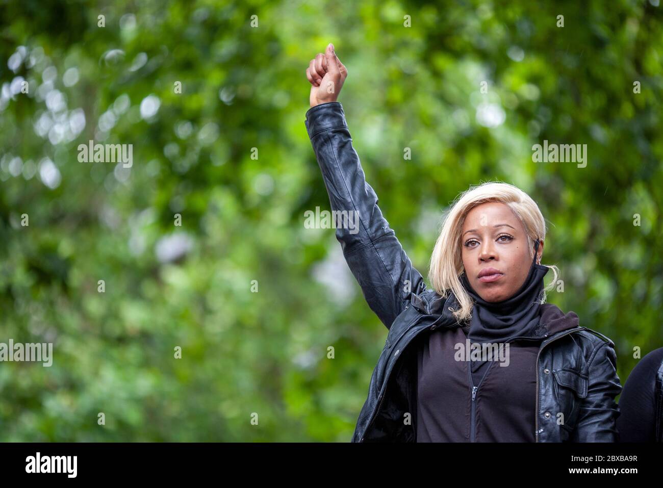 Actress, Imarn Ayton, raises her fist in defiance at the Black Lives ...