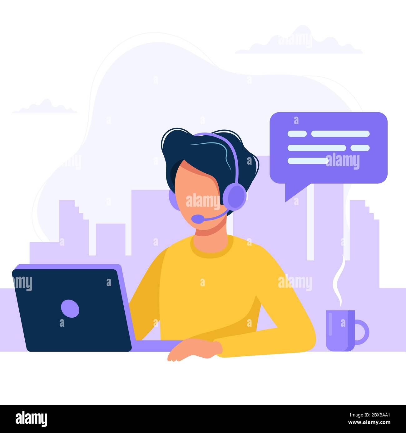 Customer service, man with headphones and microphone with computer ...