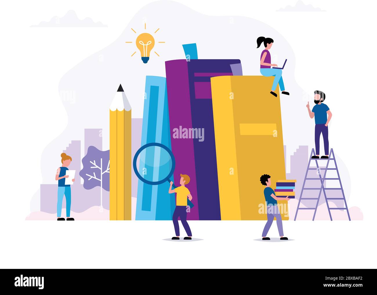 Reading and learning concept illustration with books, pencil, small ...