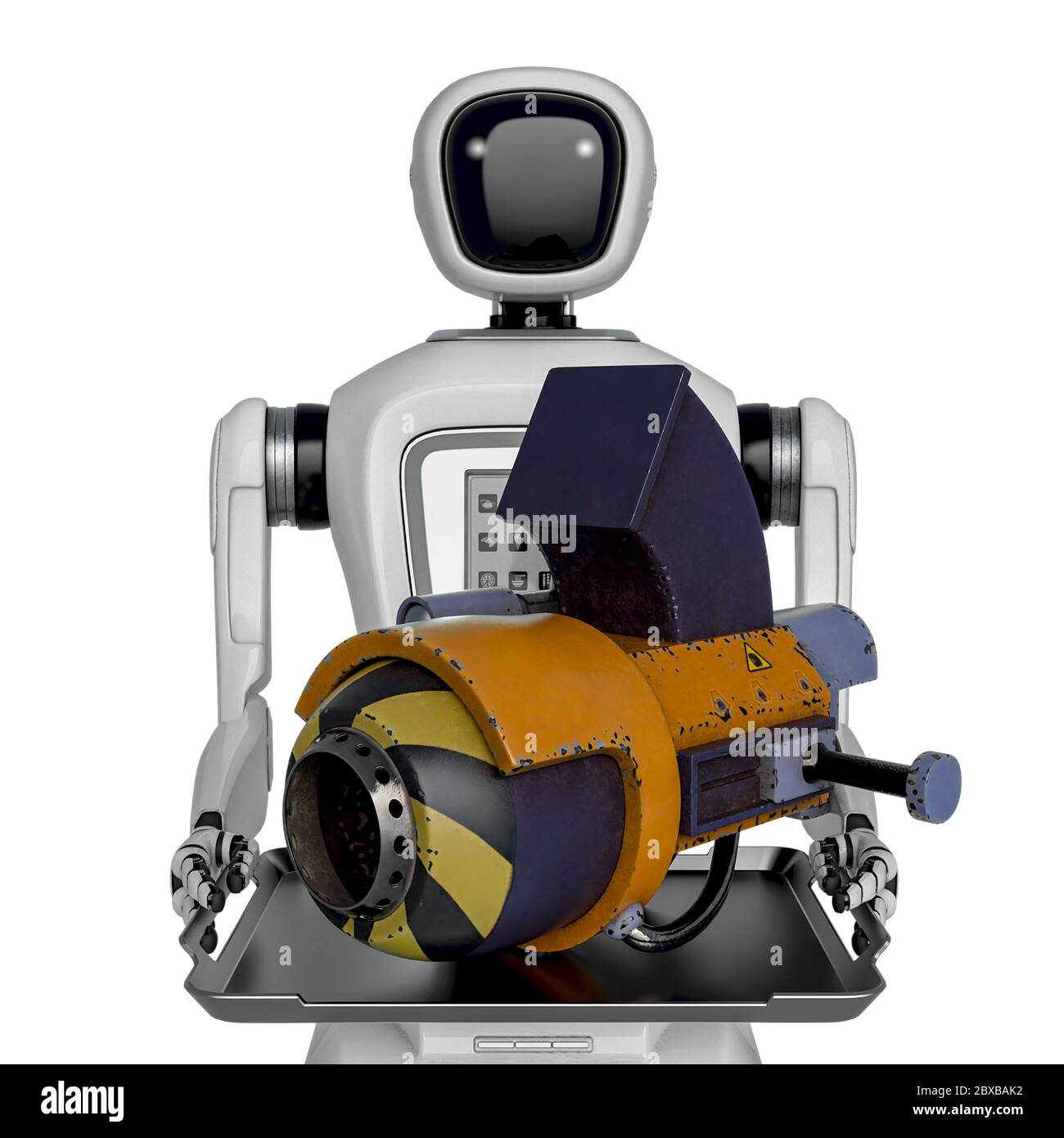 waiter robot holding a weasel launcher, 3d illustration Stock Photo - Alamy