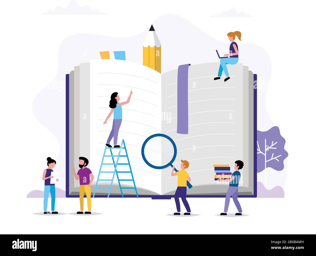 Reading, small people characters doing various tasks around big book ...