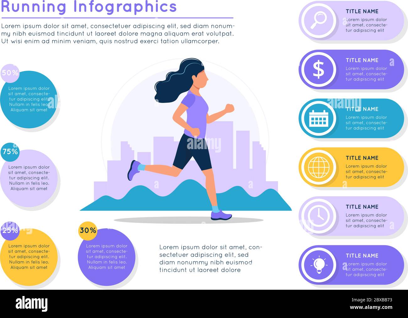 Running infographics. Woman running with city landscape, different data ...