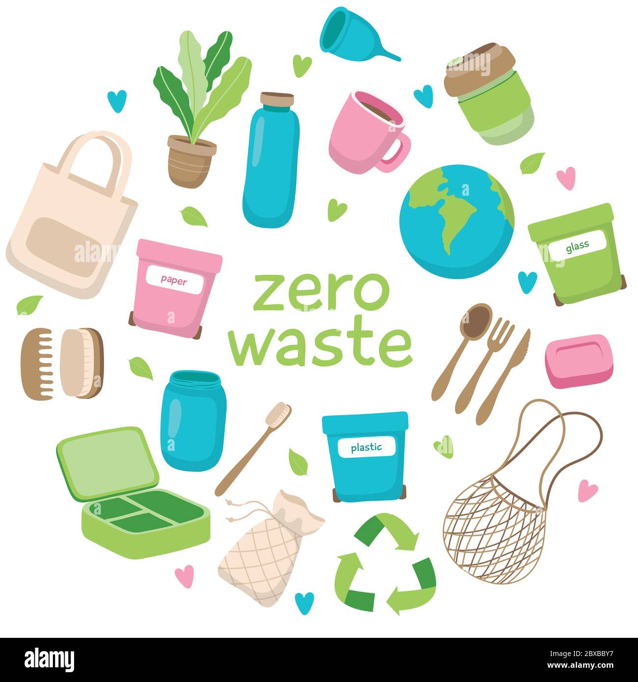 Zero waste concept illustration with different elements and lettering. Sustainable lifestyle ...