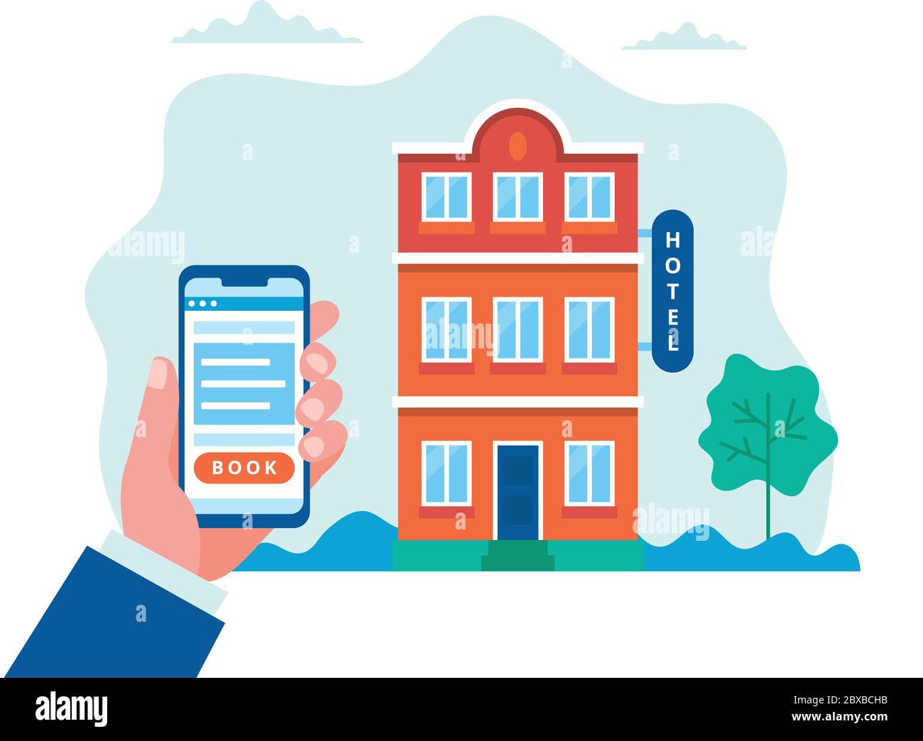 Hotel booking, searching and reservation. Hand holding a smartphone ...