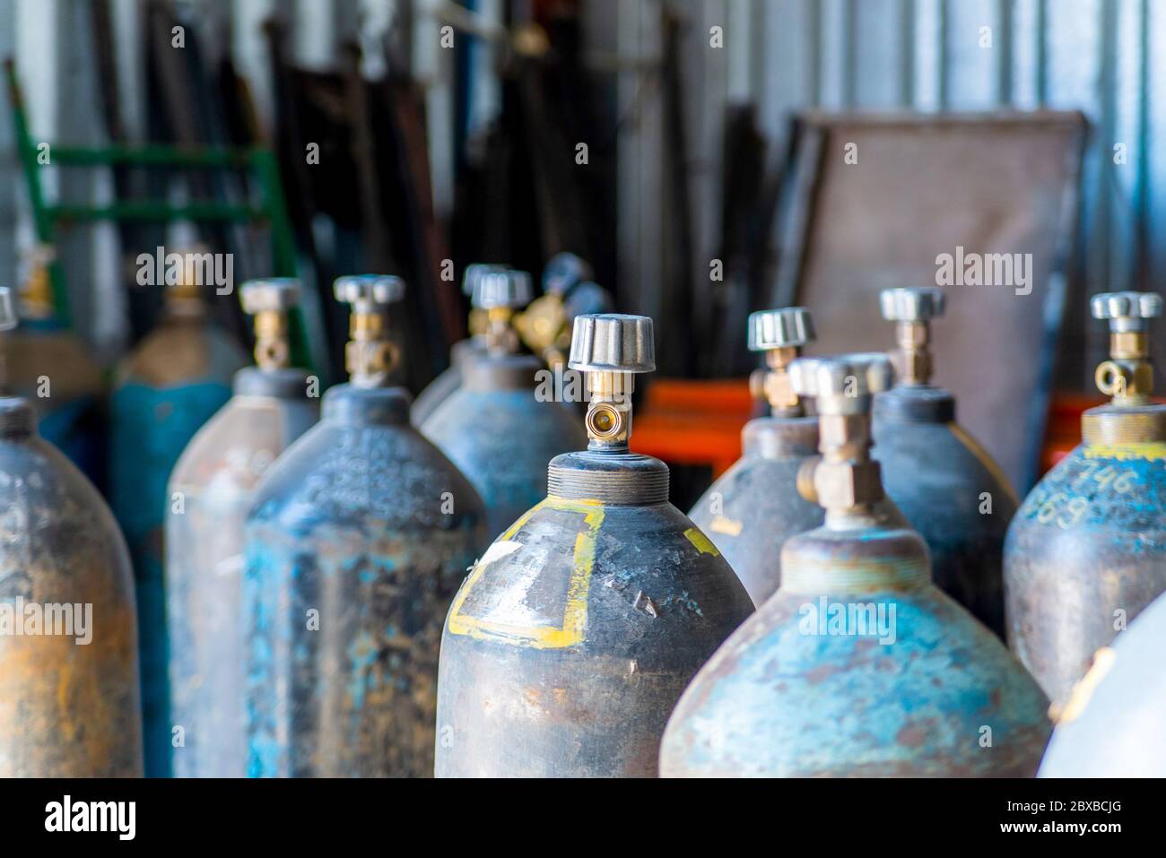 Acetylene and oxigen gas steel storage tanks for welding Stock Photo ...
