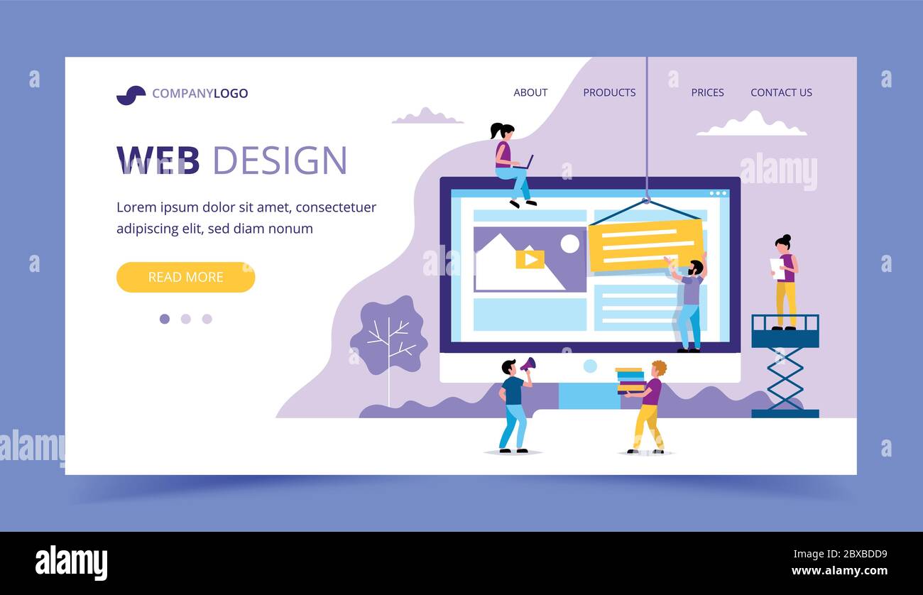 Web design landing page - illustration with small people doing various ...
