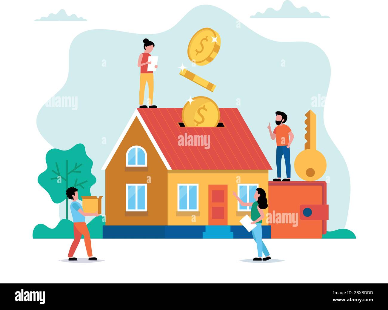 Investing money in real estate, buying house, small people doing ...