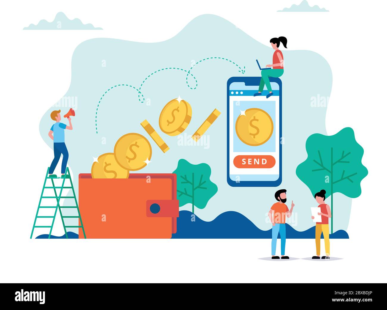 Transfering money, sending money from wallet to smartphone. Small ...