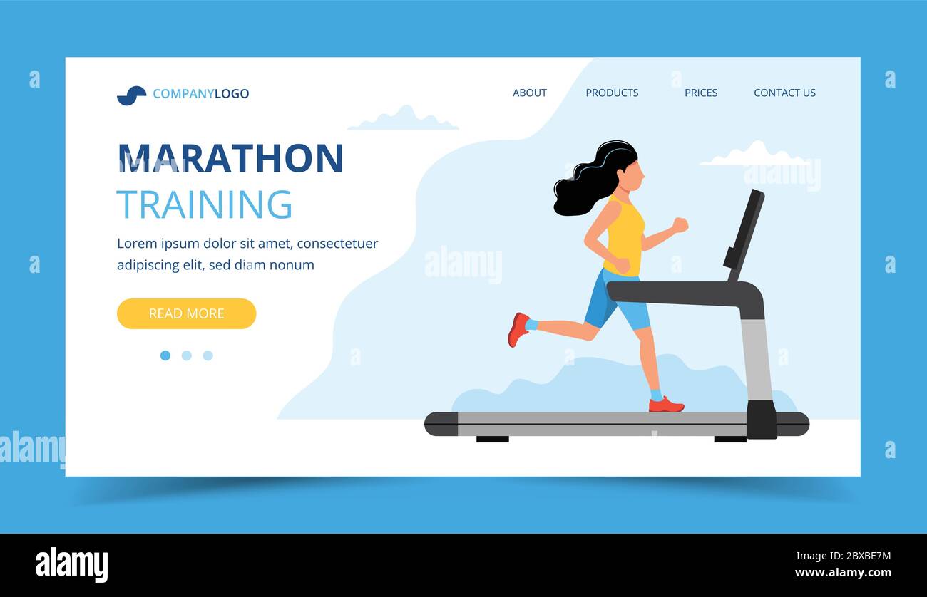 Running landing page template. Woman running on the treadmill ...