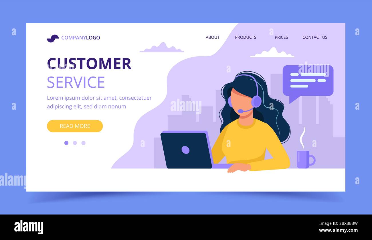 Customer service landing page. Woman with headphones and microphone ...