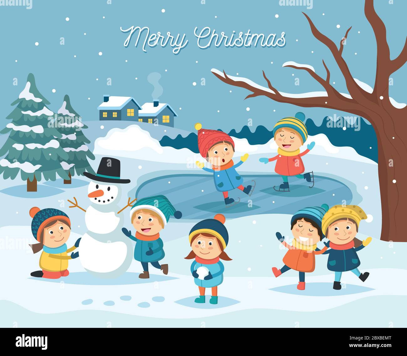 Winter children scene - kids playing outdoor in the snow, making ...