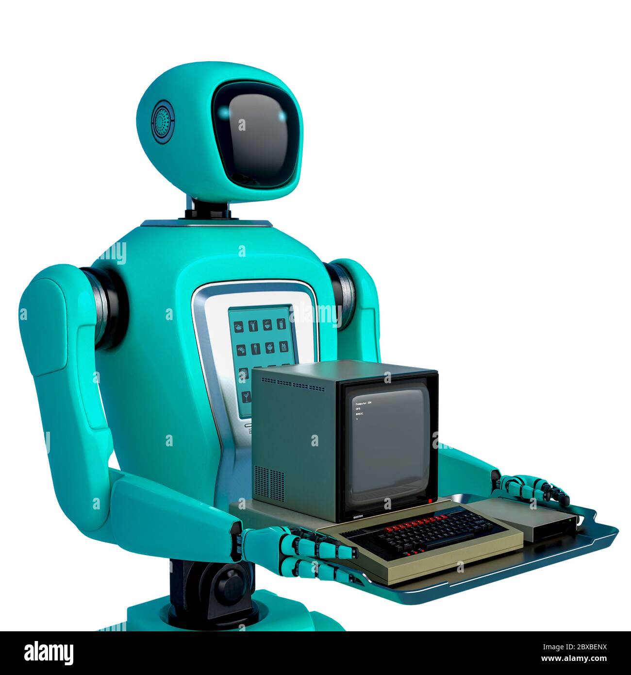 waiter robot holding a very old pc side view, 3d illustration Stock ...