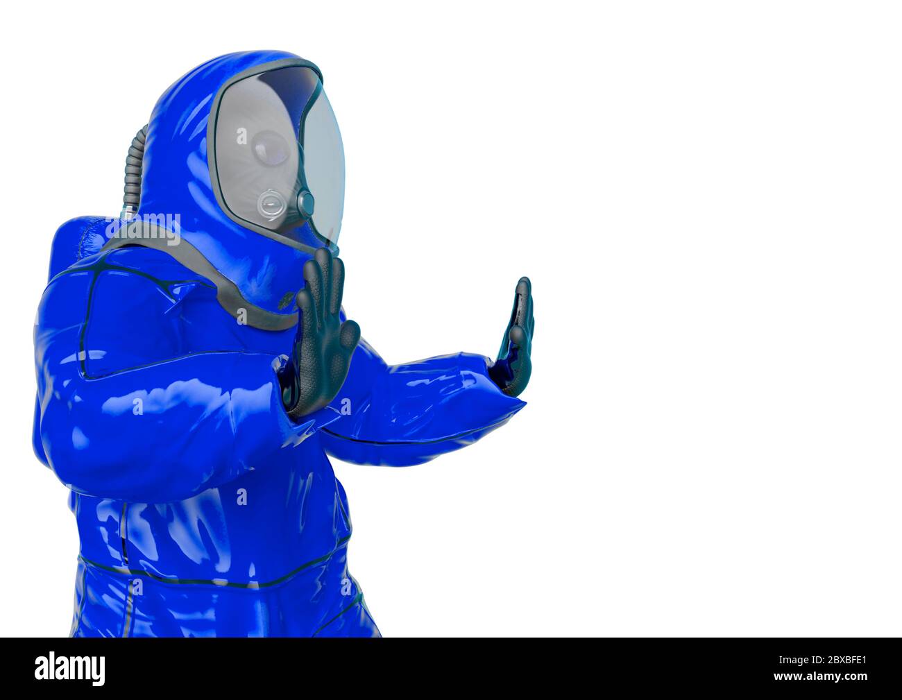 bio hazard man back away in a white background side view. This ...