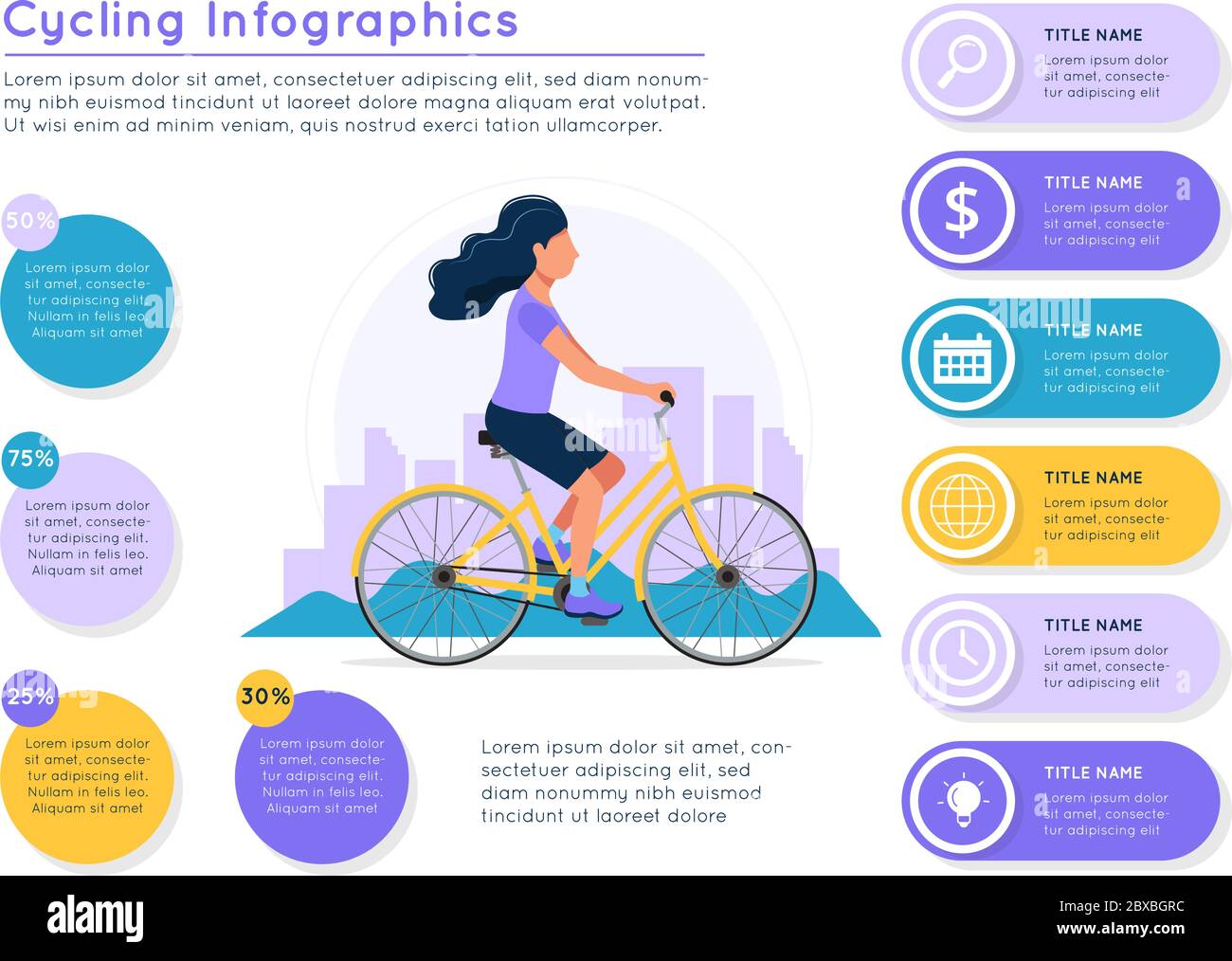 Bicycle infographics. Woman riding bike with city landscape, different ...