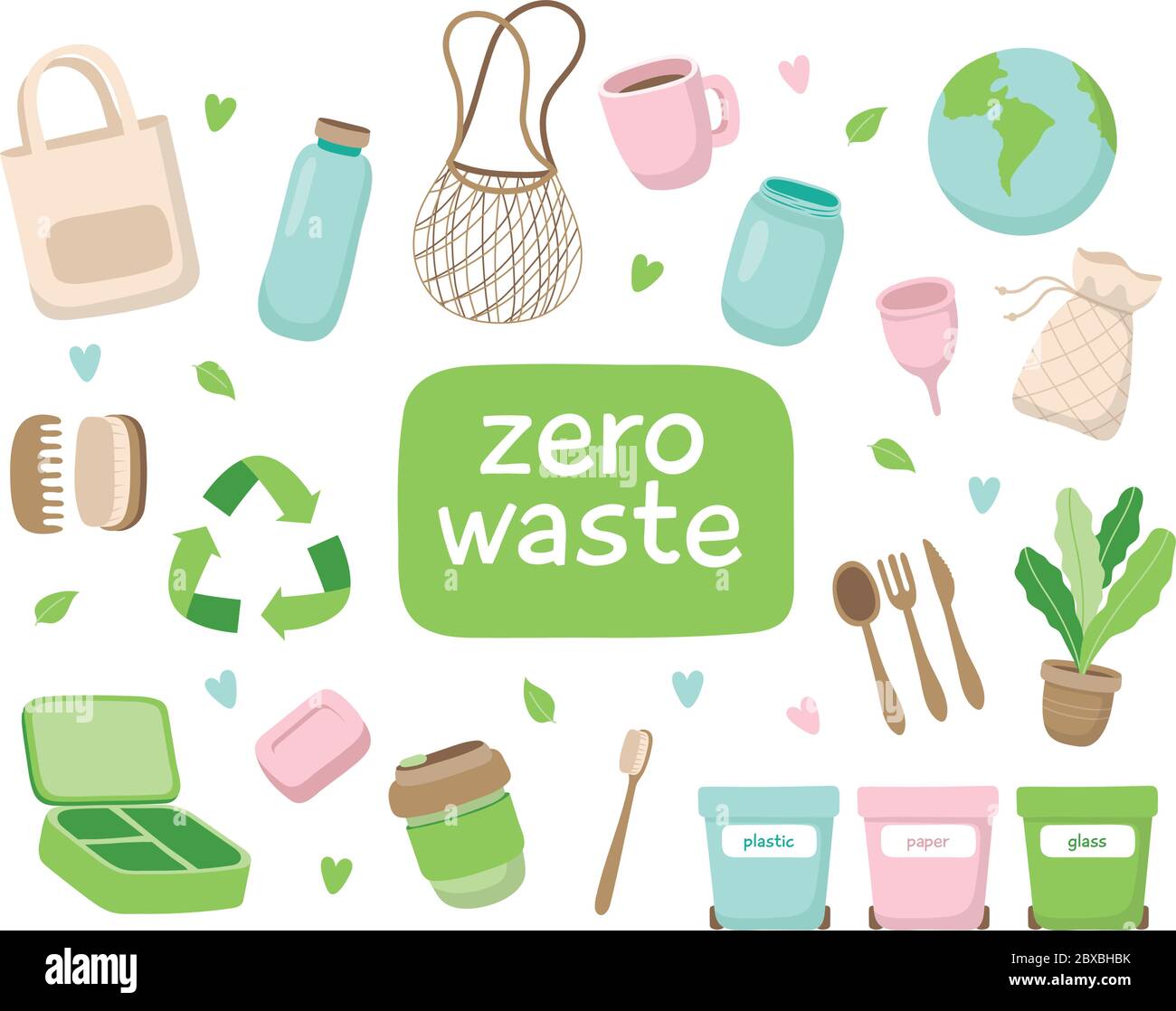 Zero waste concept illustration with different elements. Sustainable lifestyle, ecological ...