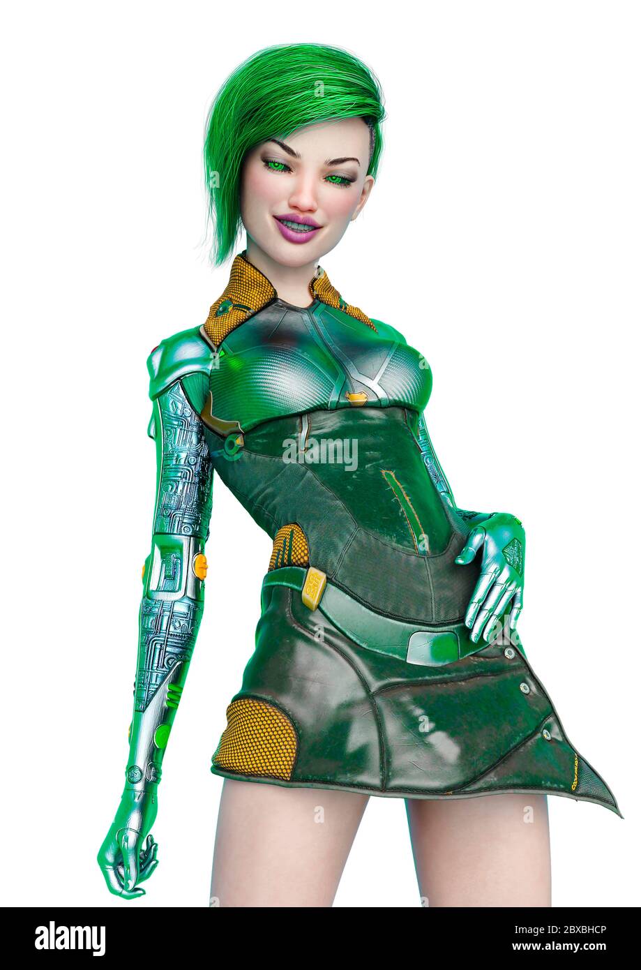 cyborg girl standing up with a smile in a white background. This super ...