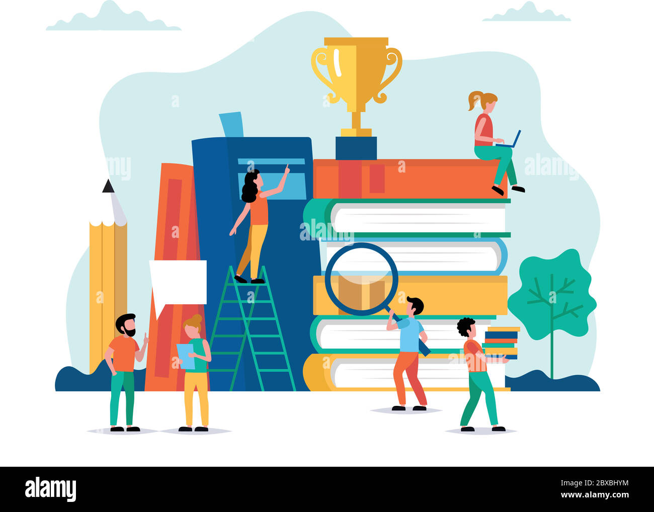 Learning, small people characters doing various tasks books and trophy ...