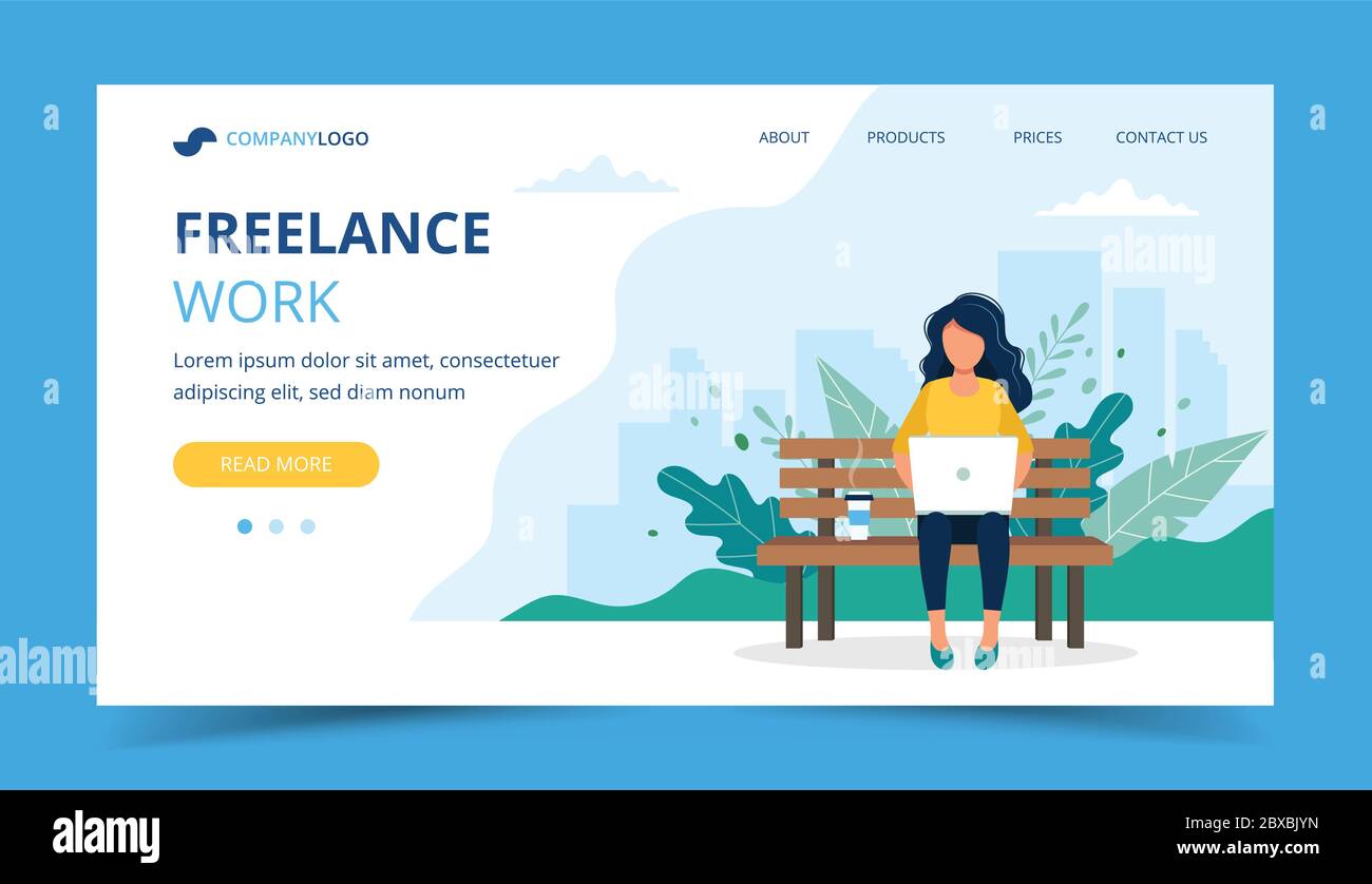 Freelance work page template. Woman working with laptop in the park ...