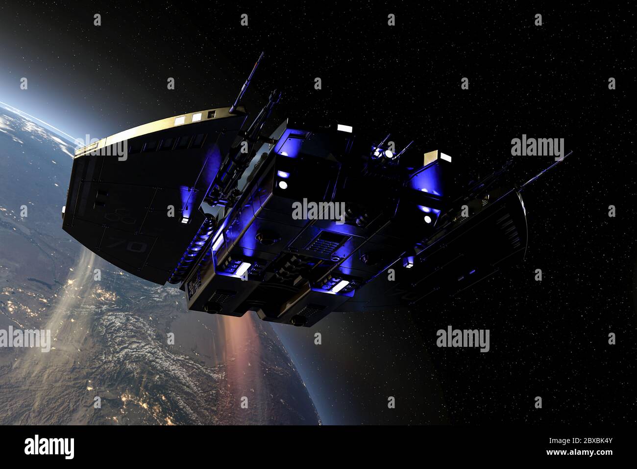 spaceship is taking off from earth bottom view. This alien aircraft is ...