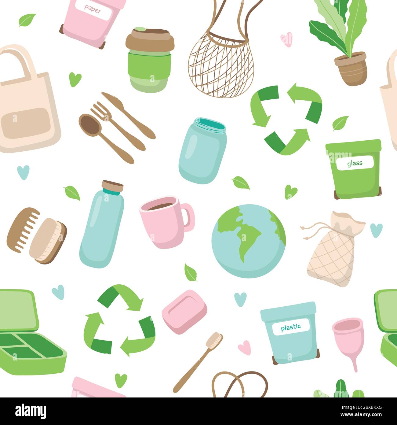 Zero waste concept seamless pattern with different elements. Sustainable lifestyle, ecological ...