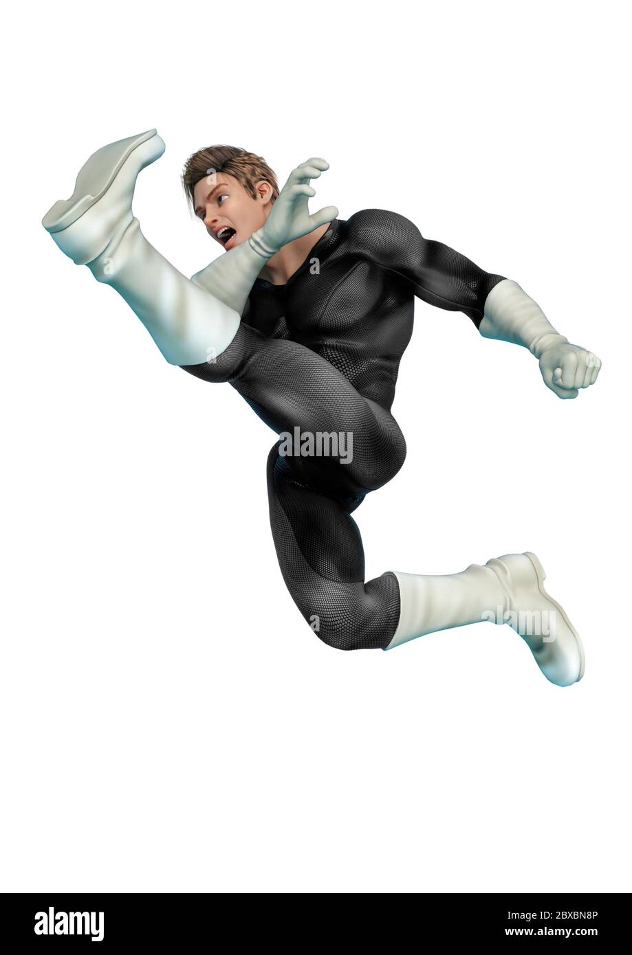 super power hero cartoon doing a mega kick. This guy in clipping path ...