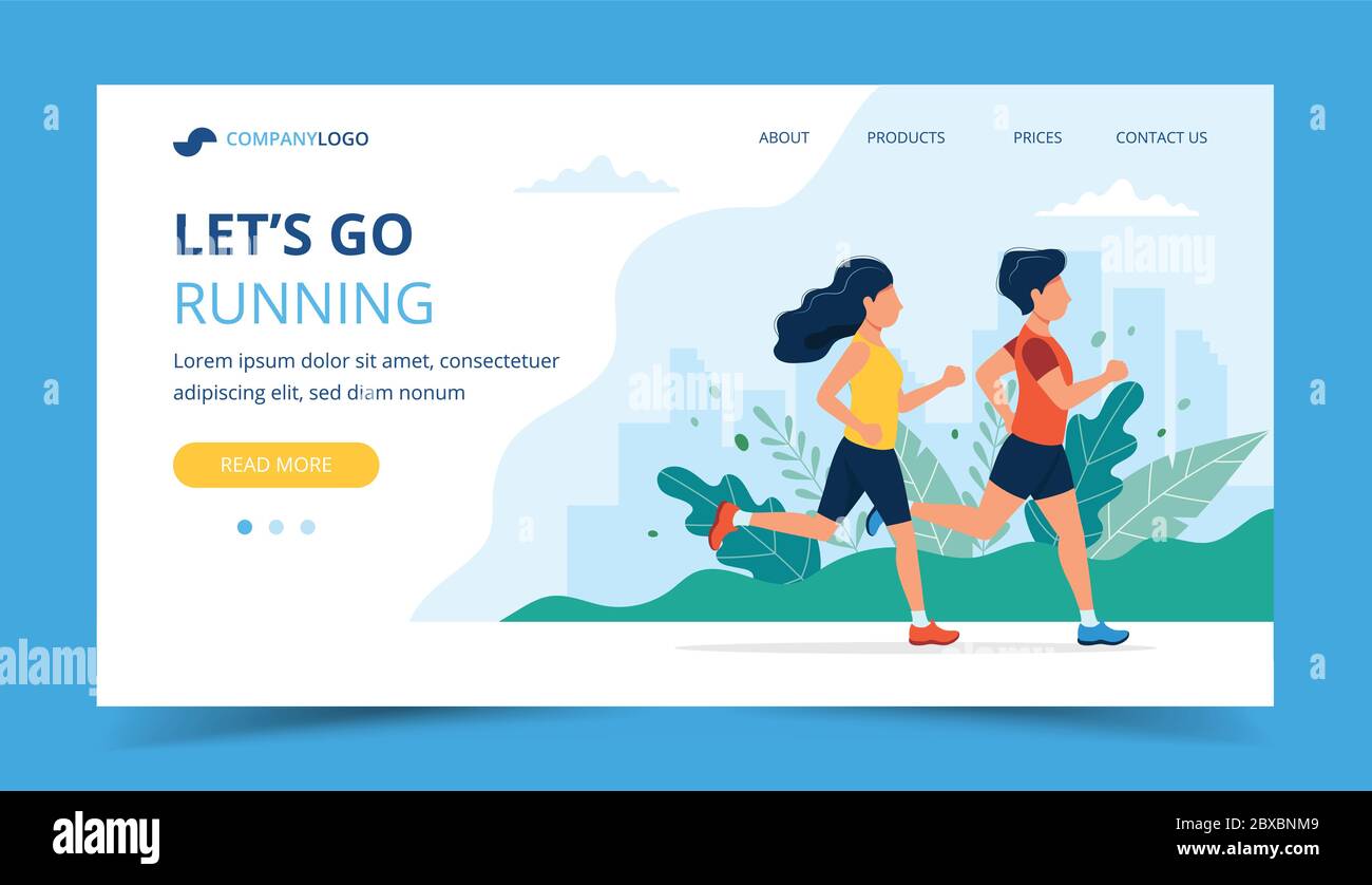 Running landing page template. Man and woman running in the park ...