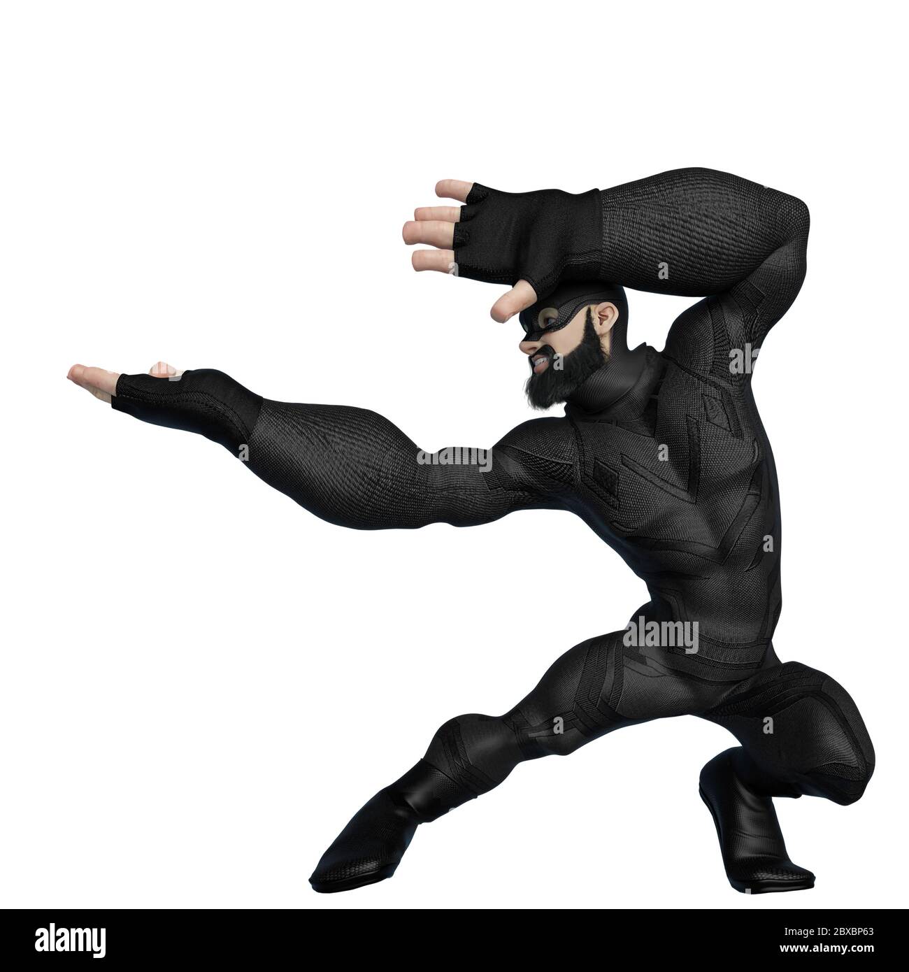 super hero cartoon with beard on suit doing a kung fu pose. This hiper ...
