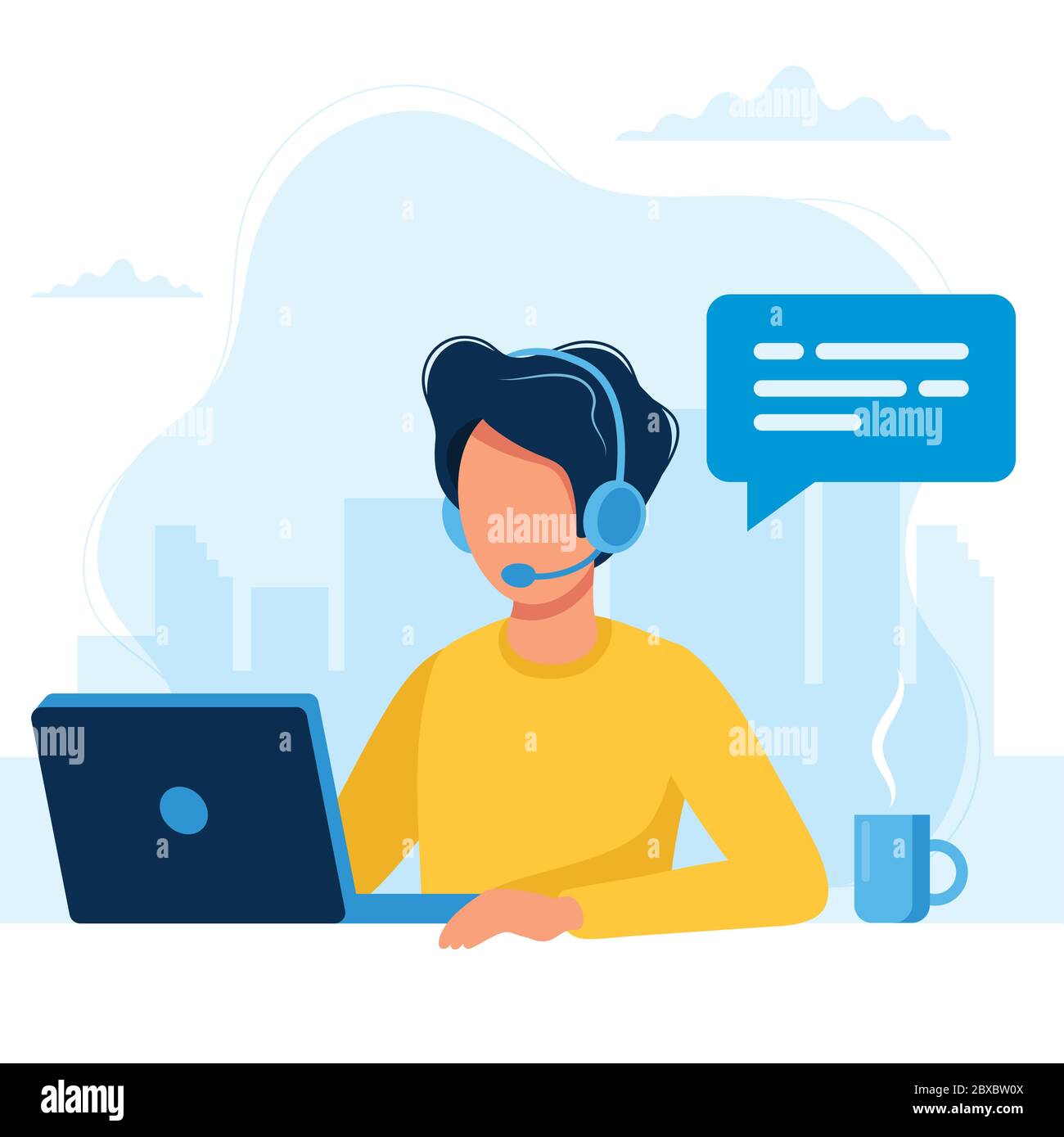 Customer service. Man with headphones and microphone with laptop ...