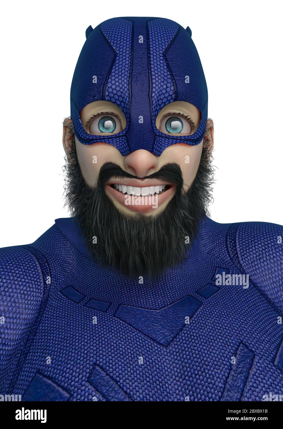 super hero cartoon with beard on suit portrait. This hiper guy in ...