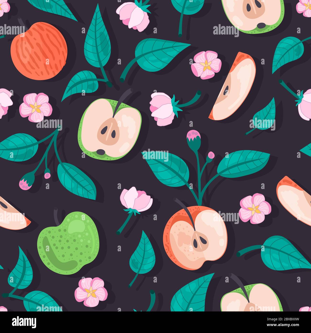 Beautiful seamless pattern. Apples, leaves and flowers on a dark background. Vector illustration ...