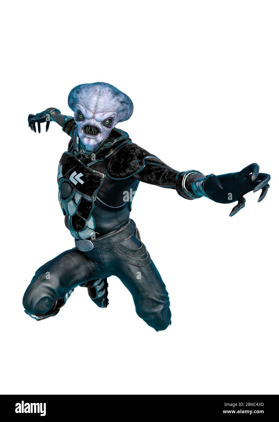 official alien on a sci-fi outfit jump attack in a white background ...