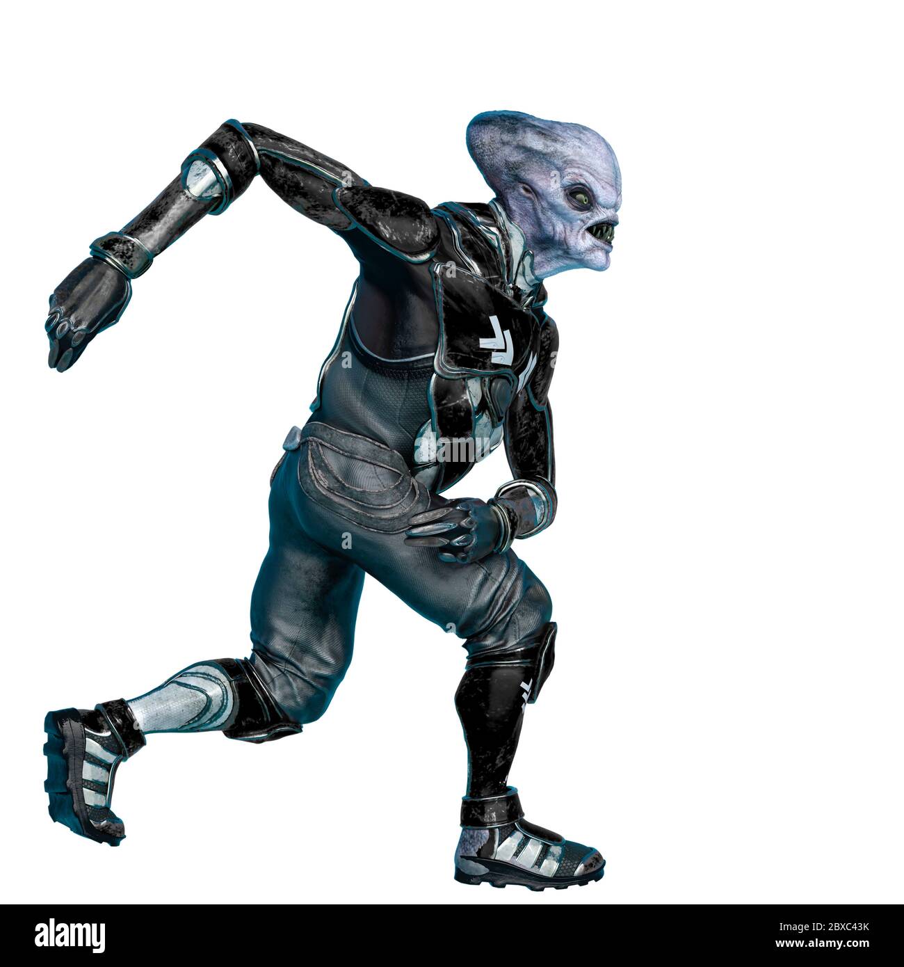 official alien on a sci-fi outfit walking in a white background. This ...