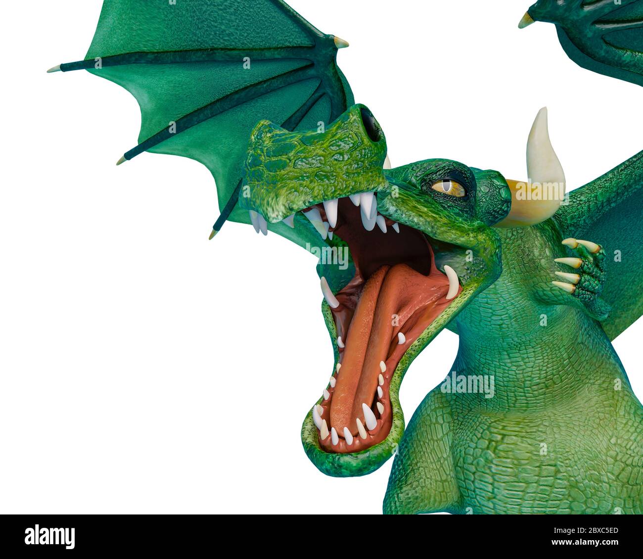 dragon cartoon attacking close up. This green monster in clipping path ...