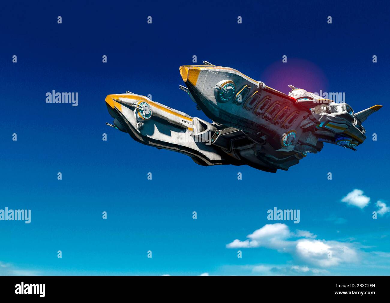 super alien spaceship flying on blue sky. This ship in clipping path ...