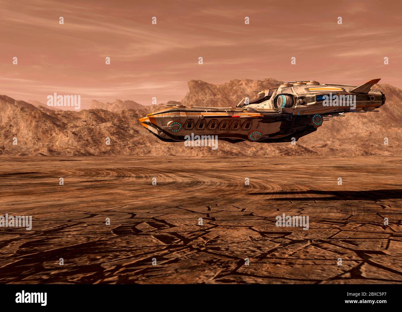 super alien spaceship flying on mars side view. This ship in clipping ...