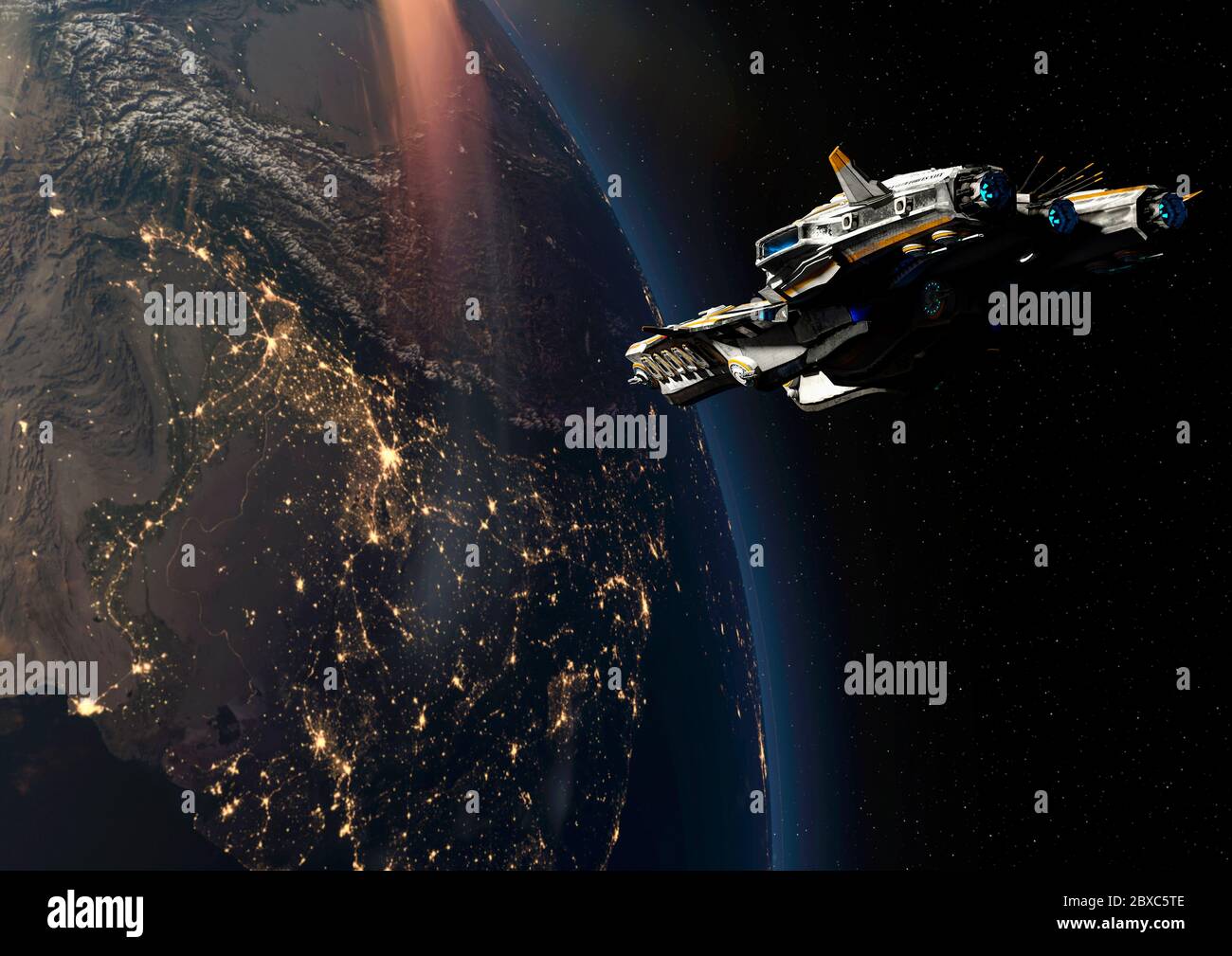 super alien spaceship is coming to earth. This ship in clipping path ...