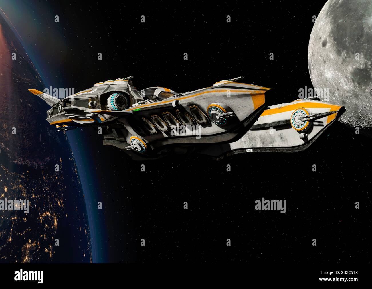 super alien spaceship leaving the earth. This ship in clipping path ...