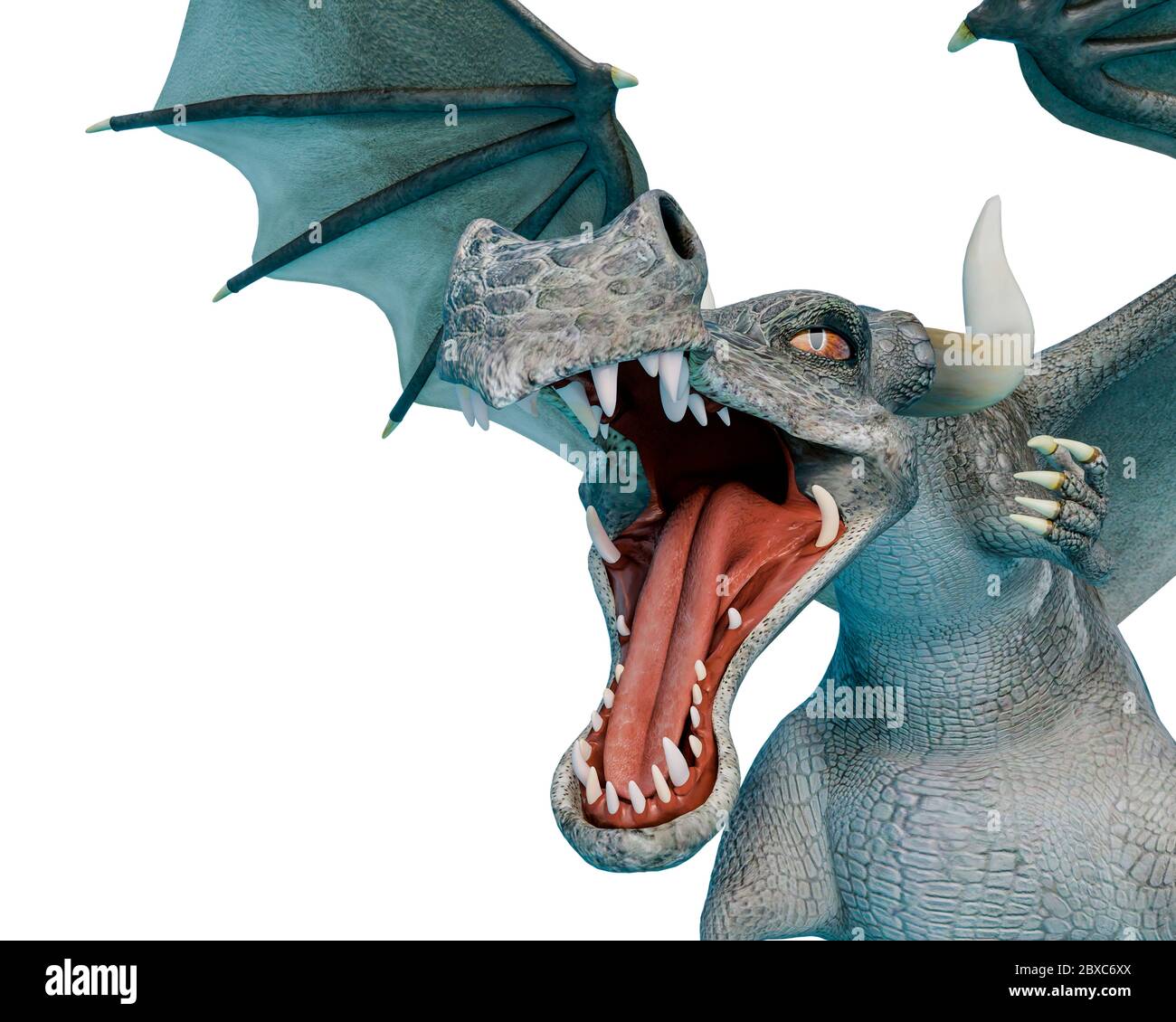 dragon cartoon attacking close up. This gray monster in clipping path ...