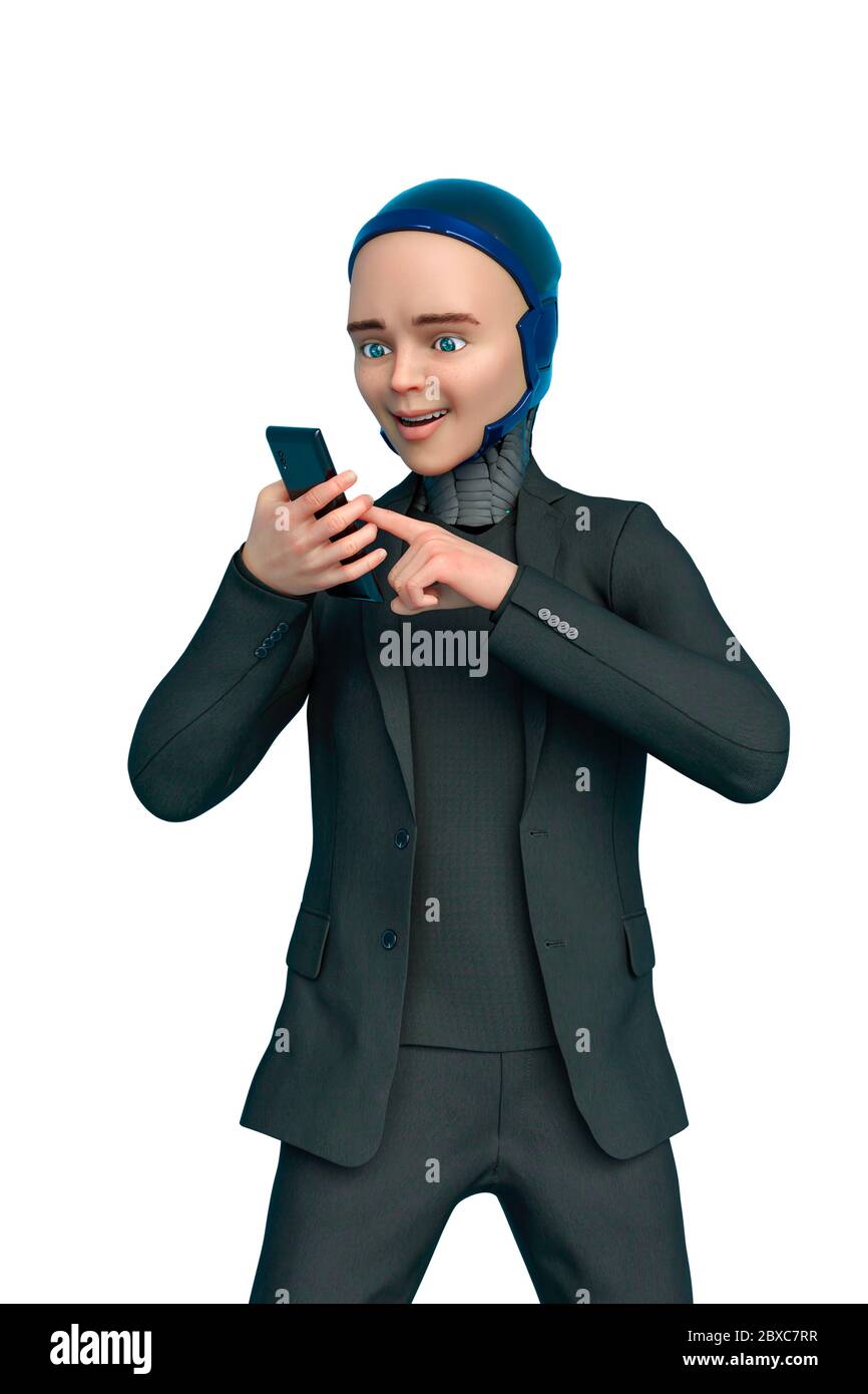 cyborg business boy is using the cellphone close up. This cybernetic ...