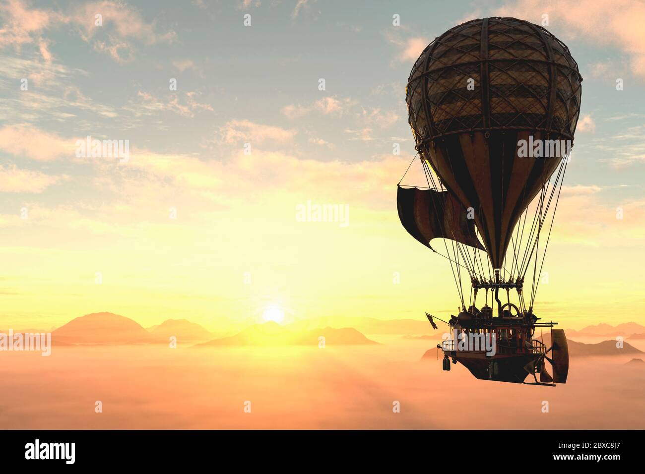 hot air balloon going to the sun. This vintage air transport put some ...