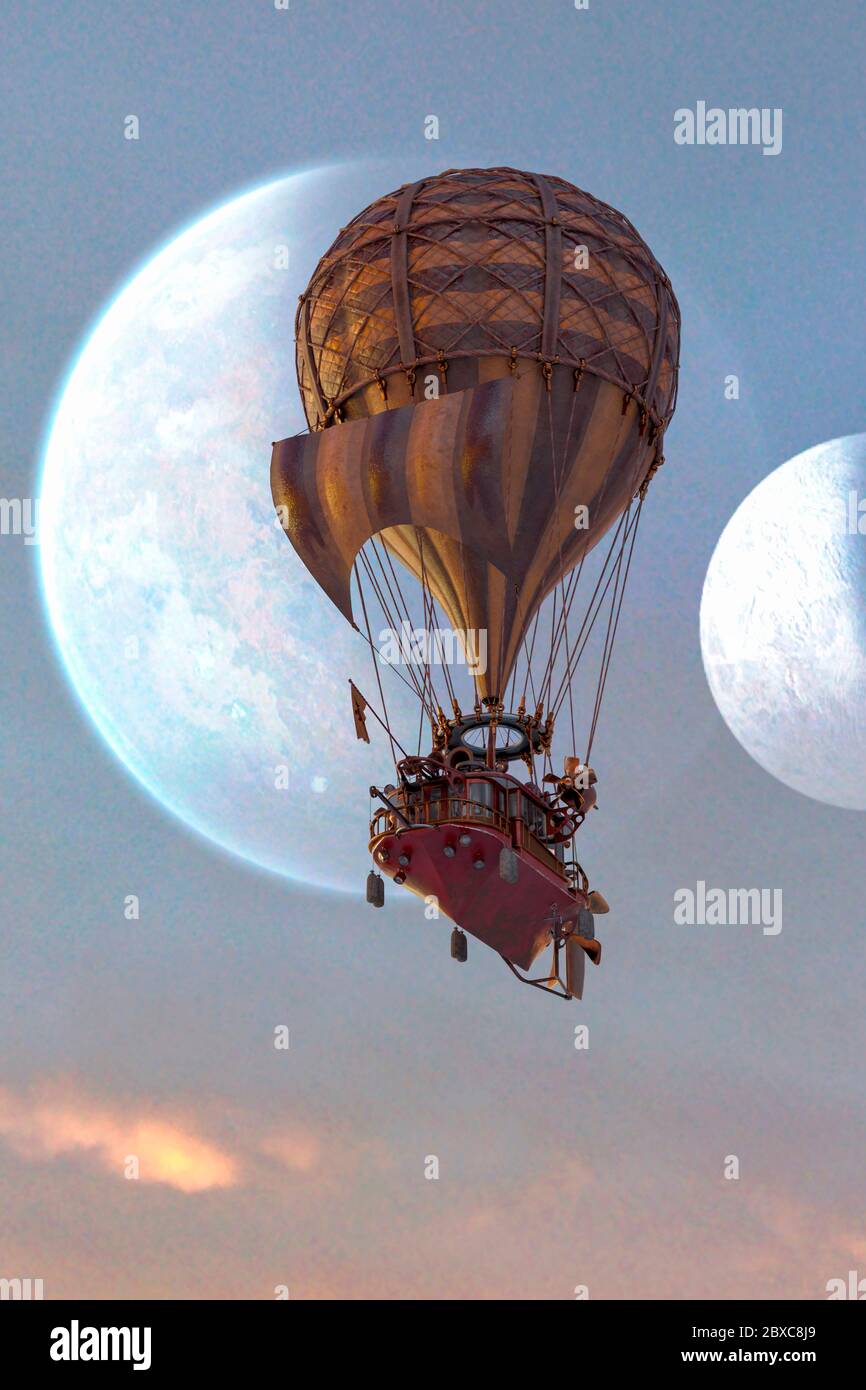hot air balloon flying on the double moon. This vintage air transport ...