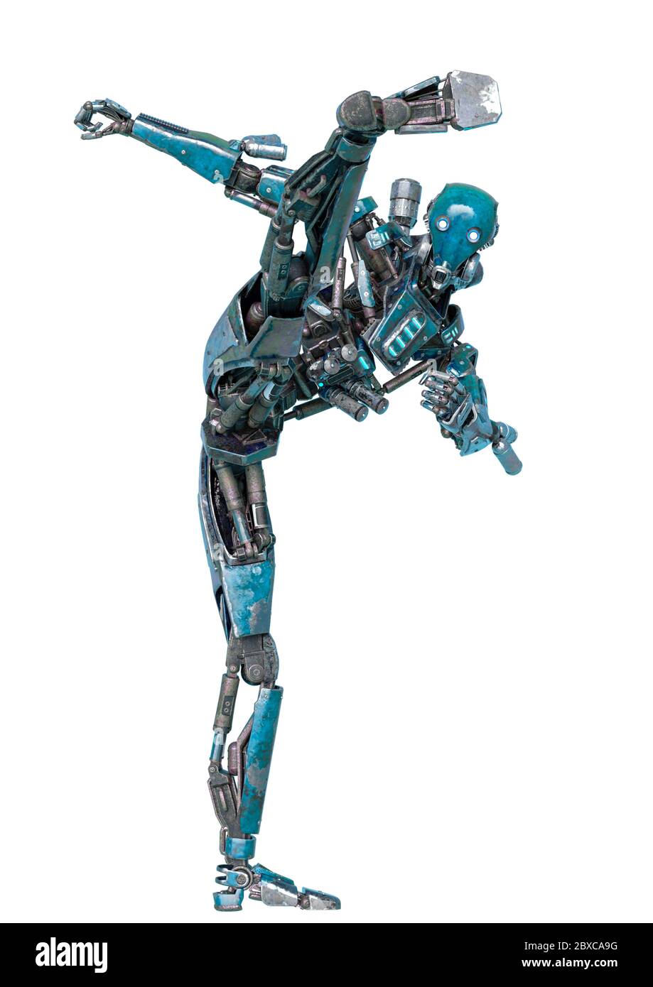 ninja robot in round kick in a white background. This cyber soldier in ...