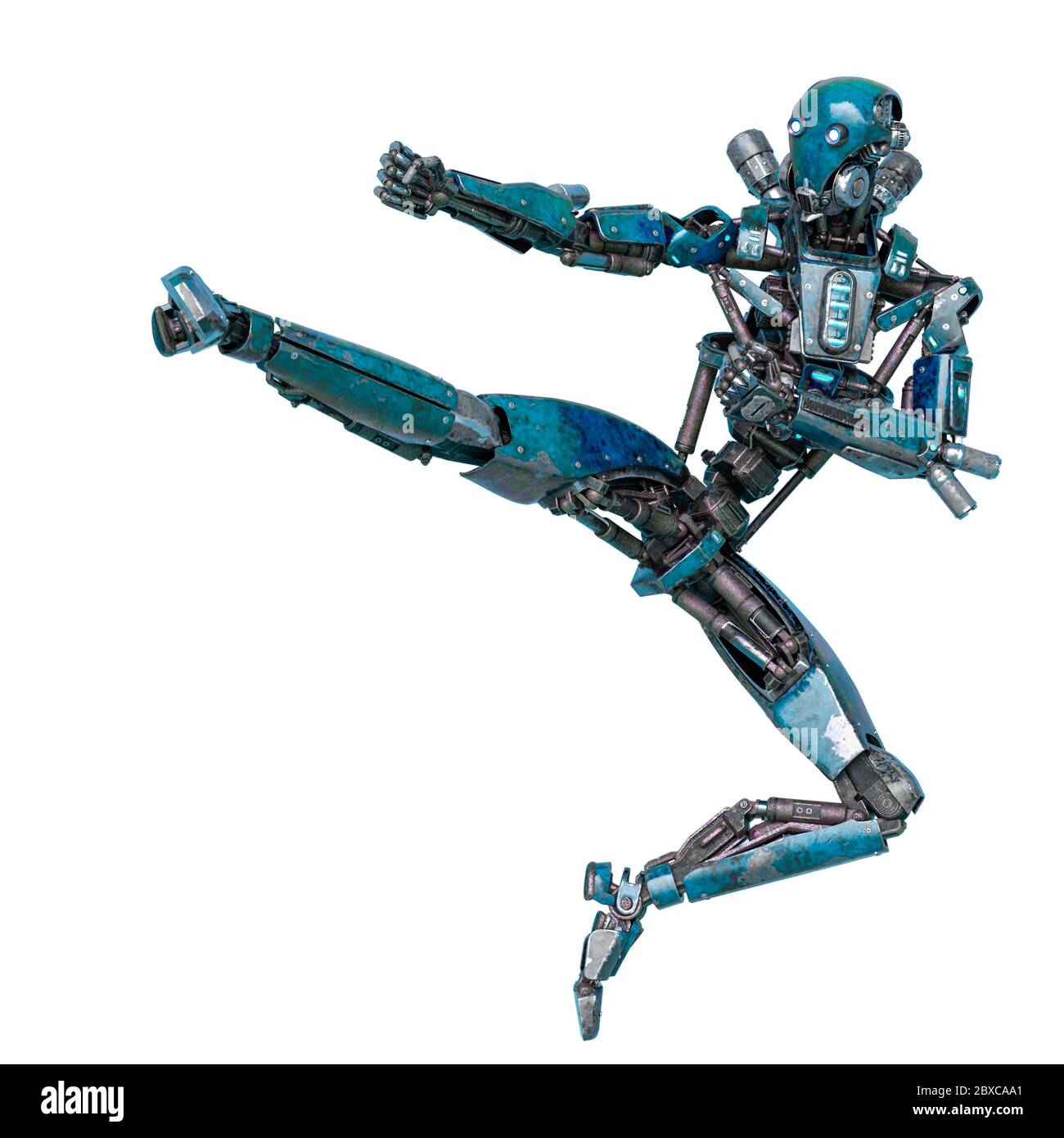 ninja robot in jumping up in a white background rear view. This cyber ...