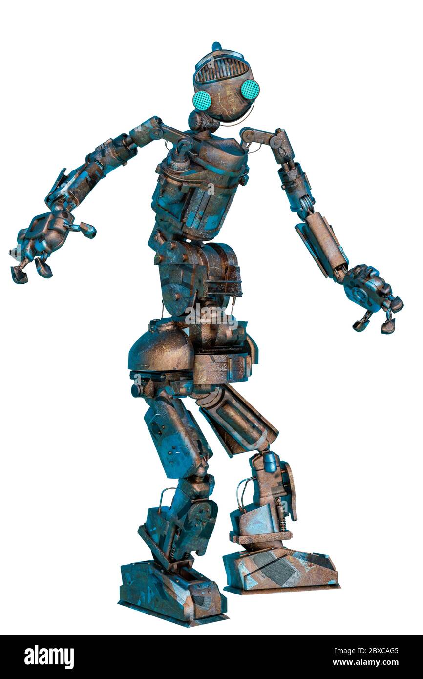 worker robot standing up. This old machine in clipping path is very ...