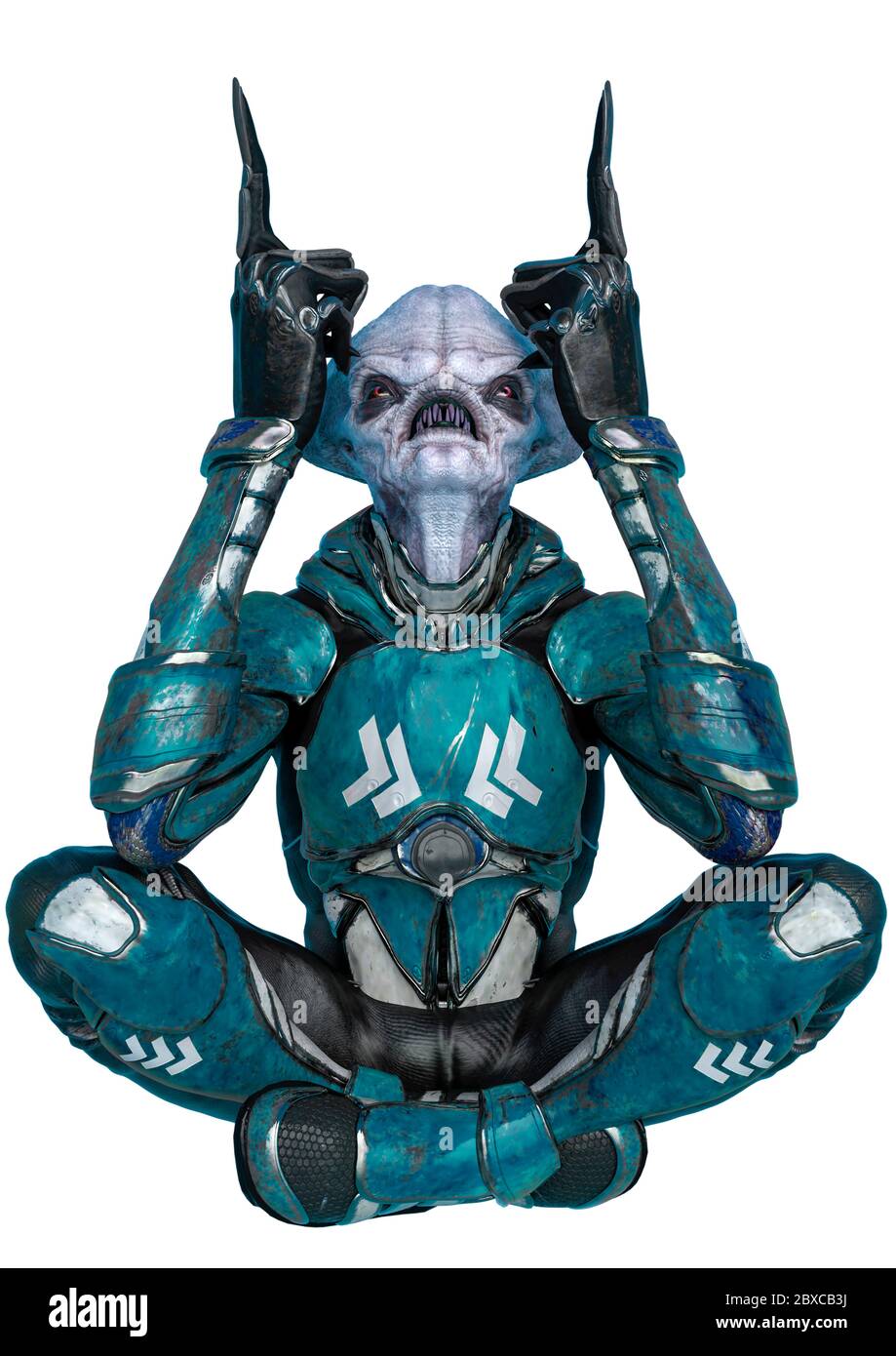 official alien on a sci-fi outfit doing a deep meditation in a white ...