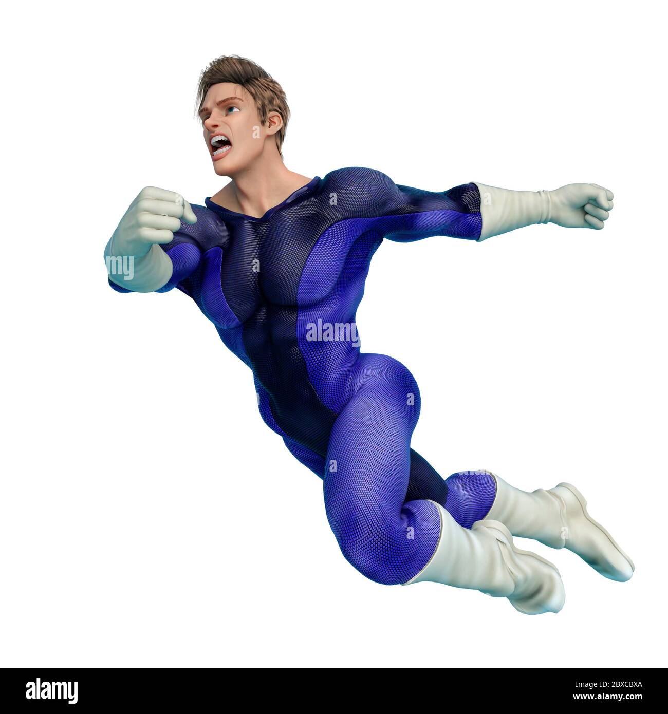 super power hero cartoon dlying to punch. This guy in clipping path is ...