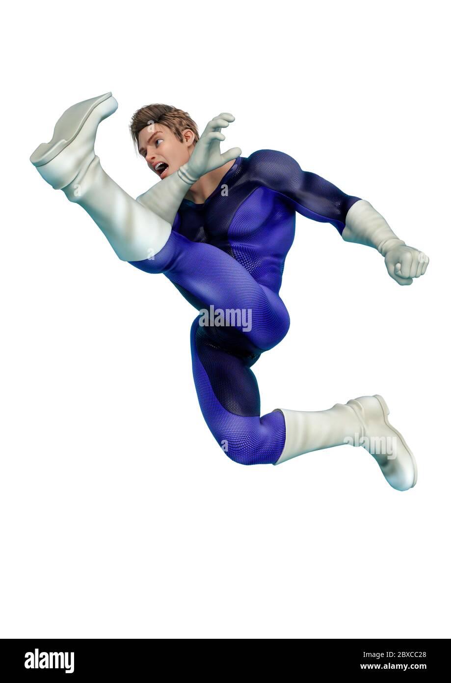 super power hero cartoon doing a mega kick. This guy in clipping path ...