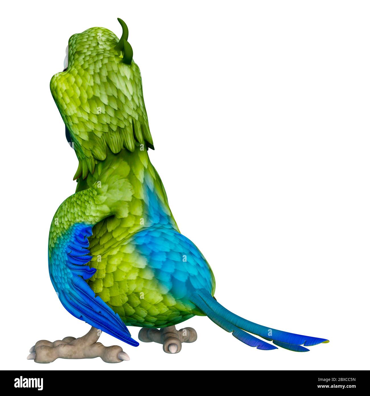 green parrot cartoon in a white background rear view. This guy in ...