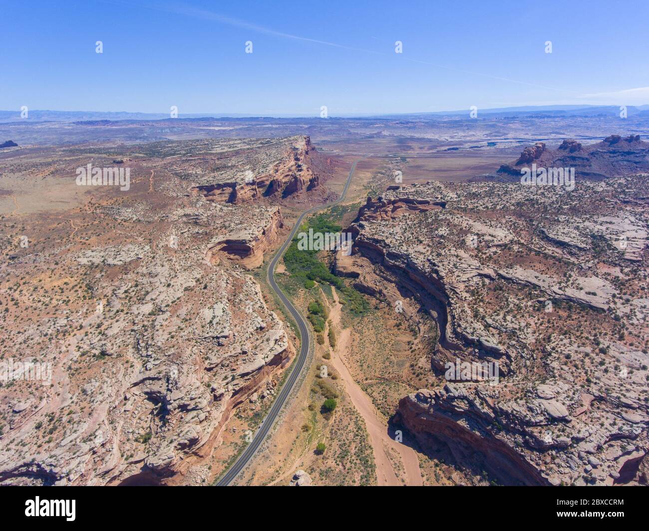Mesa and canyon landscape and Utah State Route 313 aerial view near ...